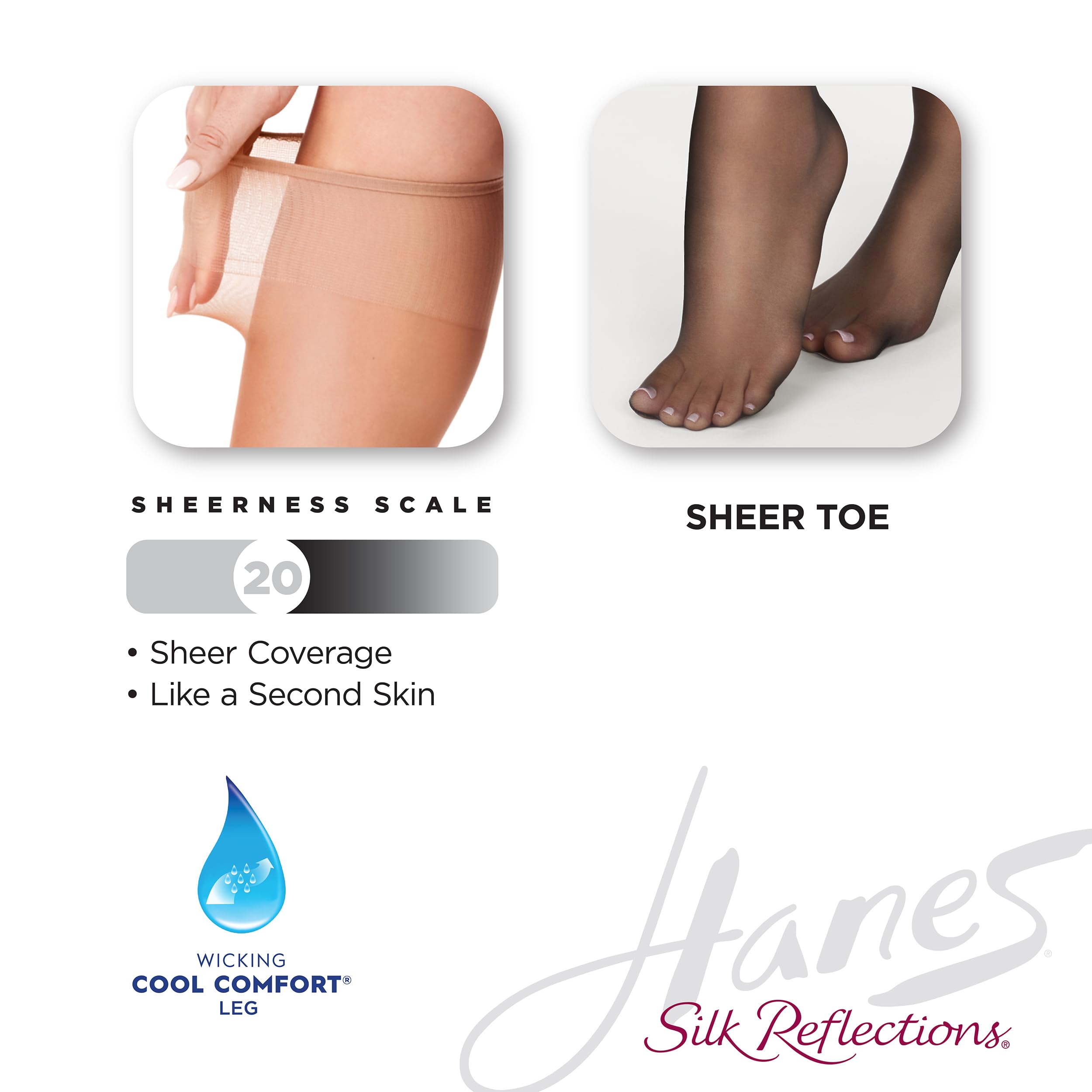 Hanes Silk Reflections Sheer Toe Silky Sheer Knee-High Stockings, Barely Black, One Size (Pack of 2)