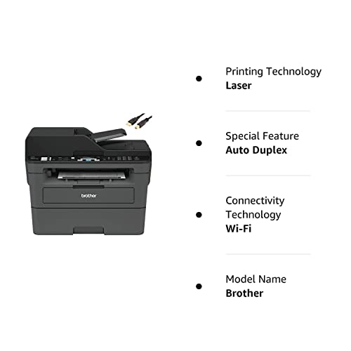 Brother MFC L26 Series All-in-One Laser Printer, Print, Copy, Scan, Fax - 26 ppm, 2400 x 600 dpi, 250 Sheets, Wireless, Mobile Printing, Auto 2-Sided Printing, with MTC Printer Cable