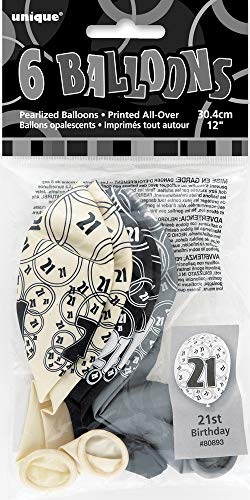 Unique Party 80893-12" Latex Glitz Black and Silver 21st Birthday Balloons, Pack of 6