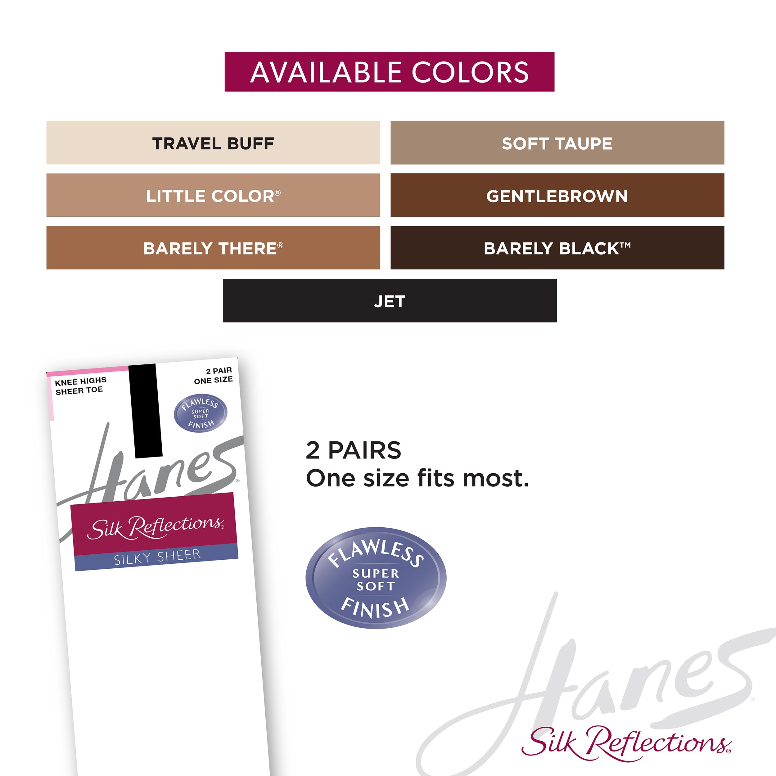 Hanes Silk Reflections Sheer Toe Silky Sheer Knee-High Stockings, Barely Black, One Size (Pack of 2)