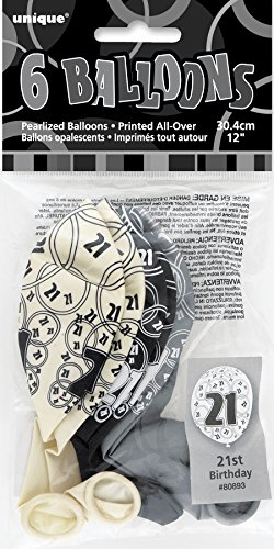 Unique Party 80893-12" Latex Glitz Black and Silver 21st Birthday Balloons, Pack of 6