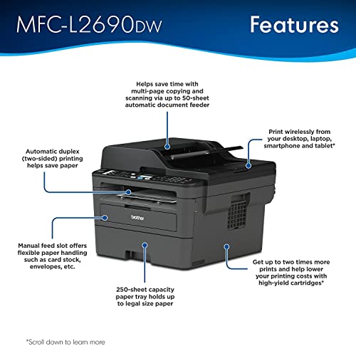 Brother MFC L26 Series All-in-One Laser Printer, Print, Copy, Scan, Fax - 26 ppm, 2400 x 600 dpi, 250 Sheets, Wireless, Mobile Printing, Auto 2-Sided Printing, with MTC Printer Cable