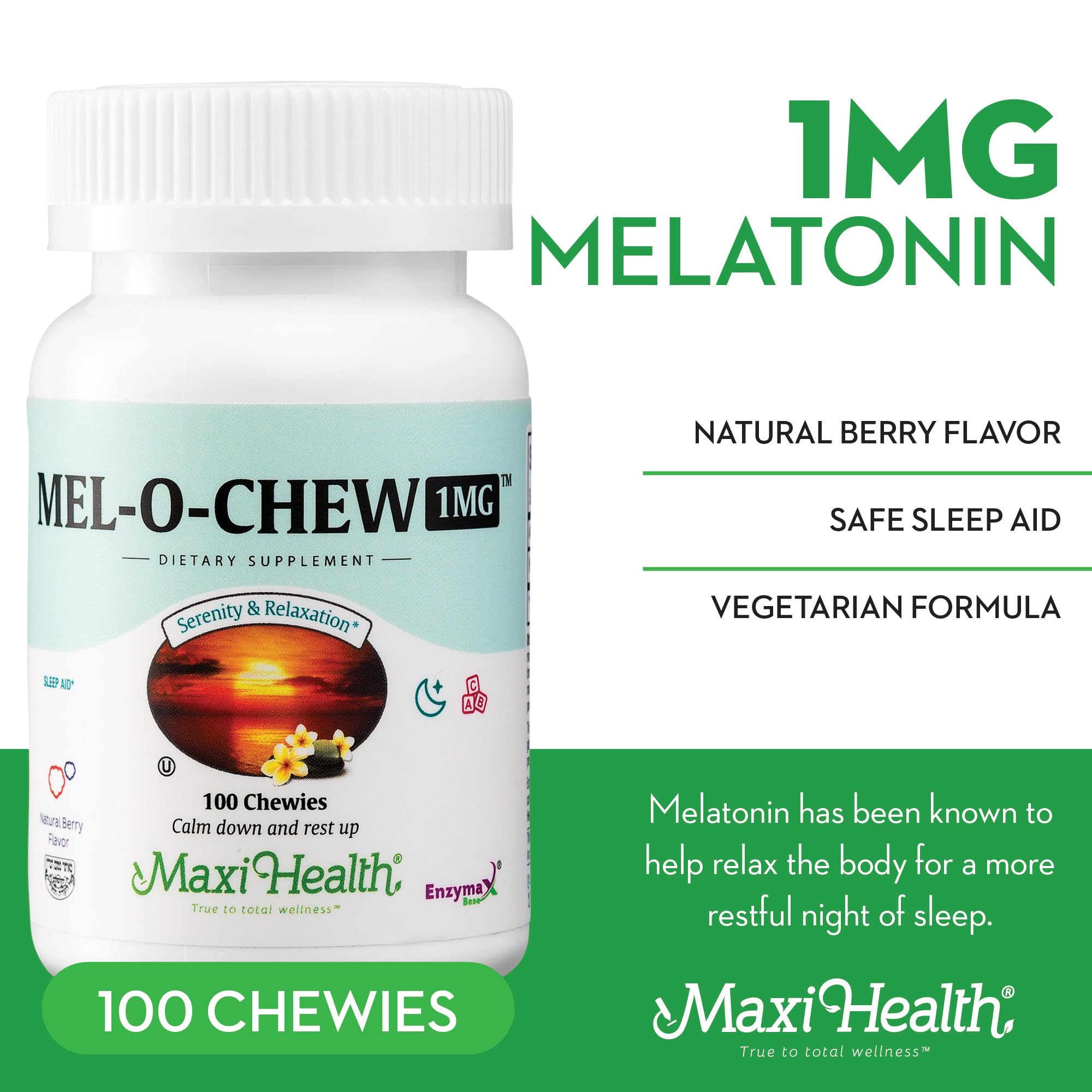 Chewable Melatonin, Kosher Berry Flavor, 1mg Melatonin for Adults or Teens, Natural Aid for Adults, Melatonin Chewables Alternative to Melatonin Gummies Higher 1 mg Dose, Maxi Health (100 Count)