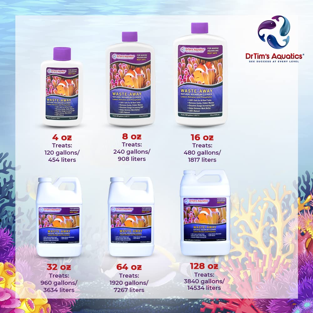 DrTim’s Aquatics Reef Waste-Away – Natural Fish Tank & Aquarium Waste Management Solution for Dissolving & Cleaning Organic Sludge & Waste - 8 oz. - Treats 240 gal