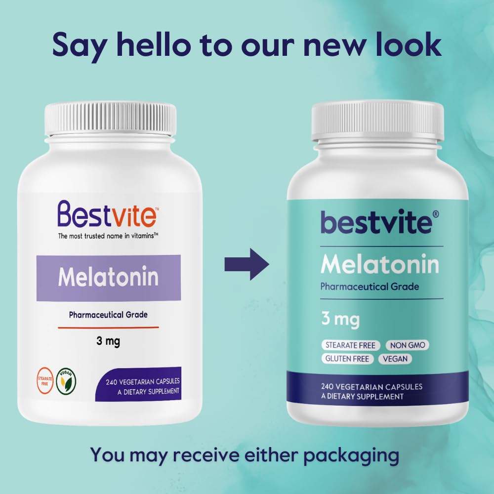 BESTVITE Melatonin 3mg (240 Vegetarian Capsules) - No Crospovidone - No Dextrose - No Dicalcium Phosphate - No Stearates - Vegan - Non GMO - Gluten Free - Easy to Swallow Capsule