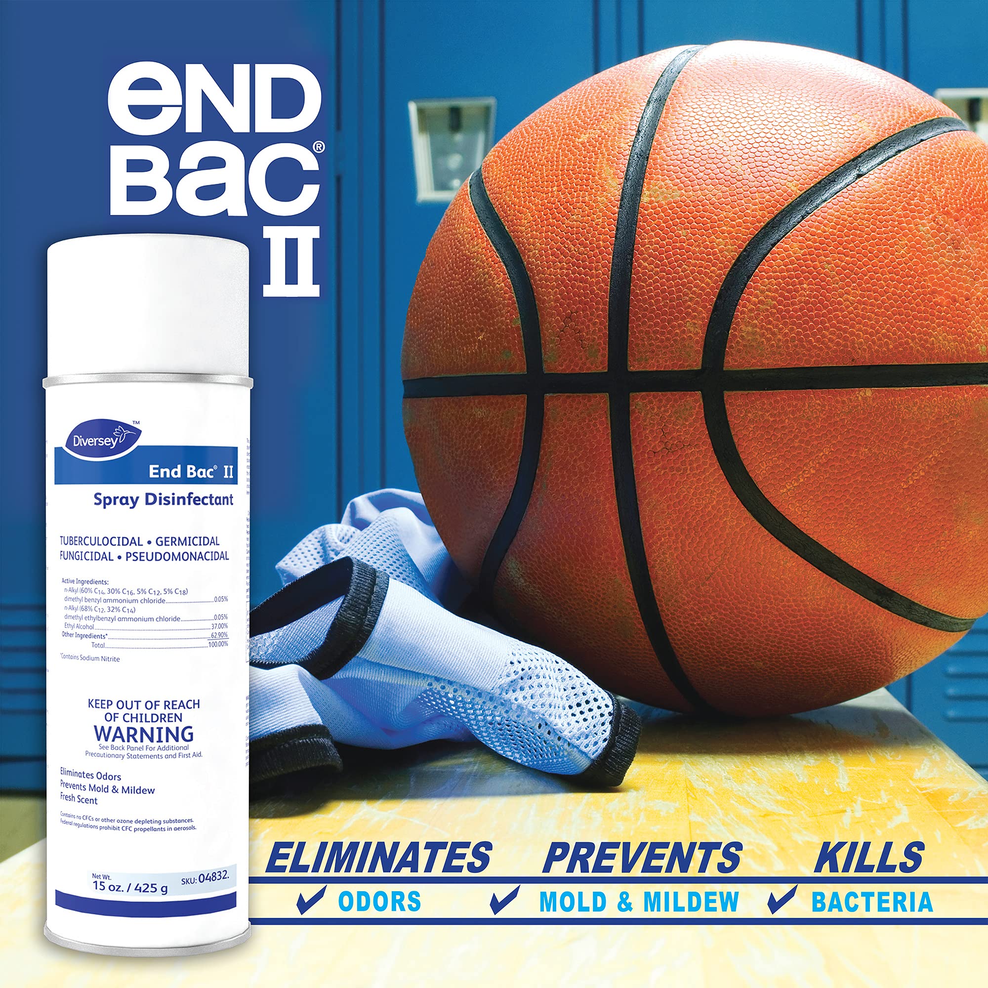 Diversey 04832 End Bac II Spray Disinfectant, Eliminates Odors & Prevents Mold & Mildew, Fresh Scent, Aerosol, 15-Ounce (Pack of 12)
