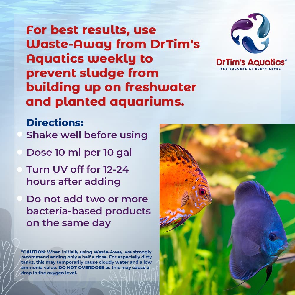 DrTim's Aquatics Freshwater Waste-Away β Natural Fish Tank & Aquarium Waste Management Solution for Dissolving Cleaning Organic Sludge - 4 oz. Treats 120 gal.