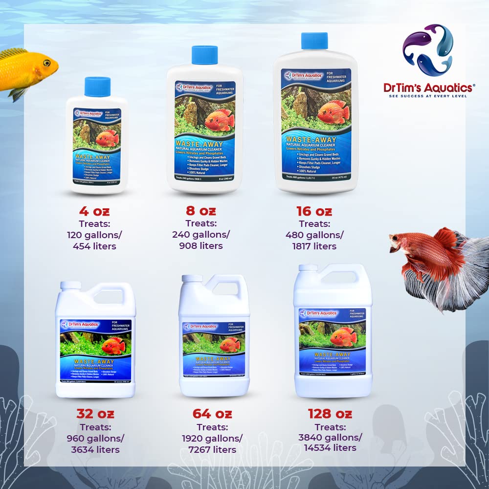 DrTim's Aquatics Freshwater Waste-Away β Natural Fish Tank & Aquarium Waste Management Solution for Dissolving Cleaning Organic Sludge - 4 oz. Treats 120 gal.