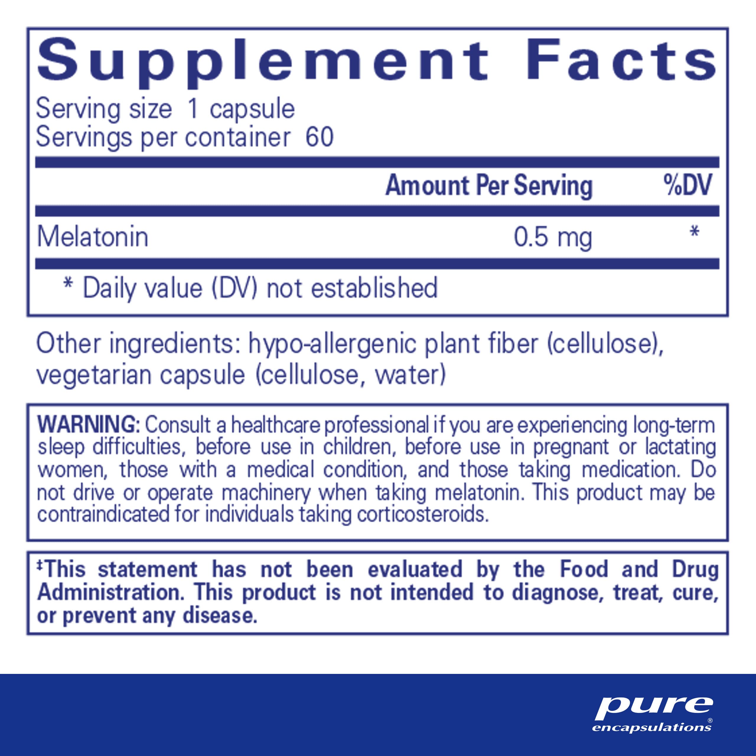 Pure Encapsulations Melatonin 0.5 mg - Natural Sleep Helper for Bedtime - Regulates Sleep-Wake Cycle - 0.5 mg Melatonin - Vegan & Non-GMO - 60 Capsules