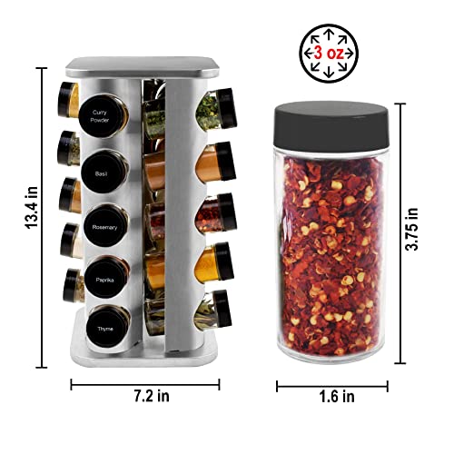 Orii 20 Jar Stainless Steel Spice Organizer Rack Filled with Spices - Rotating Standing Rack Shelf Holder & Countertop Spice Rack Tower Organizer for Kitchen Spices, Free Spice Refills for 5 Years