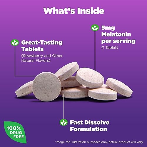 Natrol Fast Dissolve Melatonin 5 mg, Melatonin Supplements for Restful Sleep, Sleep Support for Adults, 90 Strawberry-Flavored Tablets, Up to a 90 Day Supply