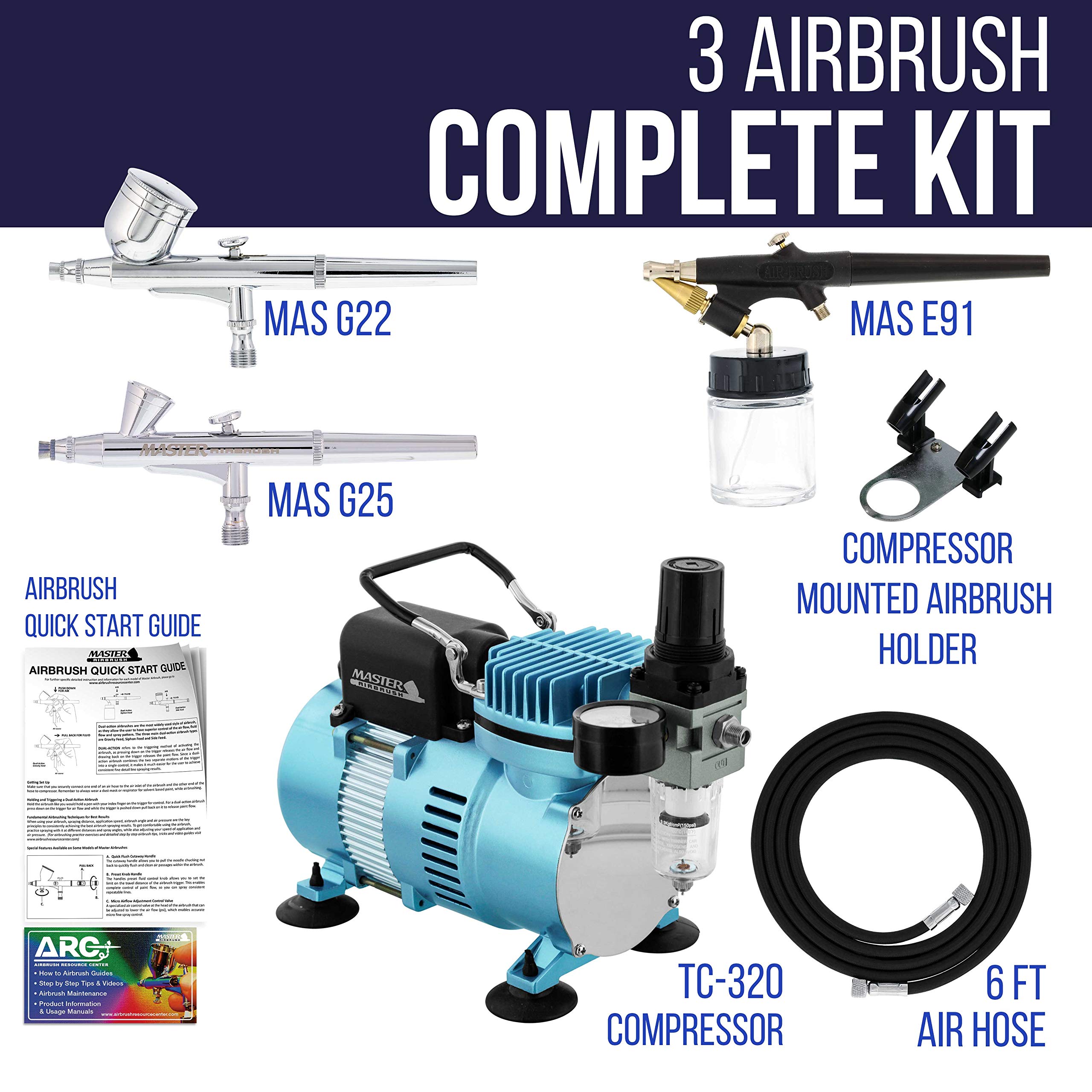 Master Airbrush Cool Runner II Dual Fan Air Compressor Airbrushing System Kit with 3 Professional Airbrush Sets, 0.2, 0.3 mm Gravity & 0.8 mm Siphon Feed - Hose, Holder, How To Airbrush Learning Guide