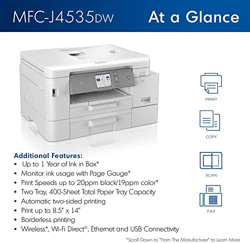 Brother INKvestment Tank MFC-J4535DW Wireless Color All-in-One Inkjet Printer - Print Copy Scan Fax - 20 ppm, 4800 x 1200 dpi, 8.5" x 14", Auto Duplex Printing, 20-Sheet ADF, Wulic Printer Cable