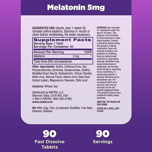 Natrol Fast Dissolve Melatonin 5 mg, Melatonin Supplements for Restful Sleep, Sleep Support for Adults, 90 Strawberry-Flavored Tablets, Up to a 90 Day Supply