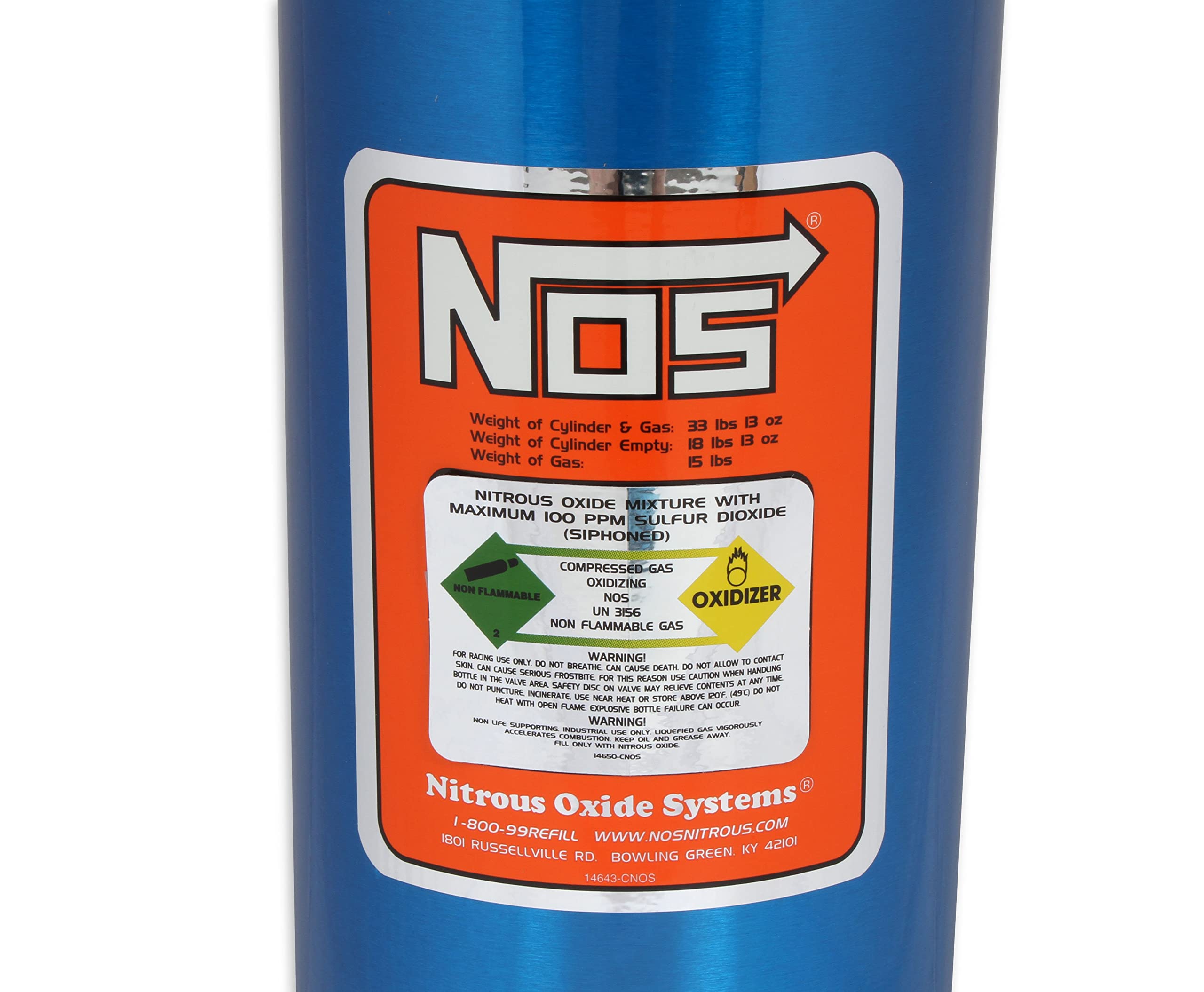 NOS 14750NOS Electric Blue Aluminum 15-pound Nitrous Bottle with Hi-Flow Valve