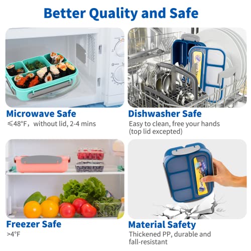3 Pack Bento Box Lunch Box Kids, Qipecedm Bento Box Adult Lunch Box with Cutlery, 1300ML 4 Compartment Lunch Box Containers for Adults/Kids/Toddler, Leak Proof, Microwave/Dishwasher/Freezer Safe
