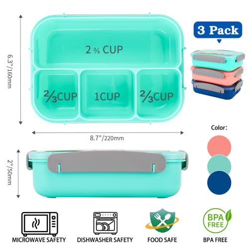 3 Pack Bento Box Lunch Box Kids, Qipecedm Bento Box Adult Lunch Box with Cutlery, 1300ML 4 Compartment Lunch Box Containers for Adults/Kids/Toddler, Leak Proof, Microwave/Dishwasher/Freezer Safe