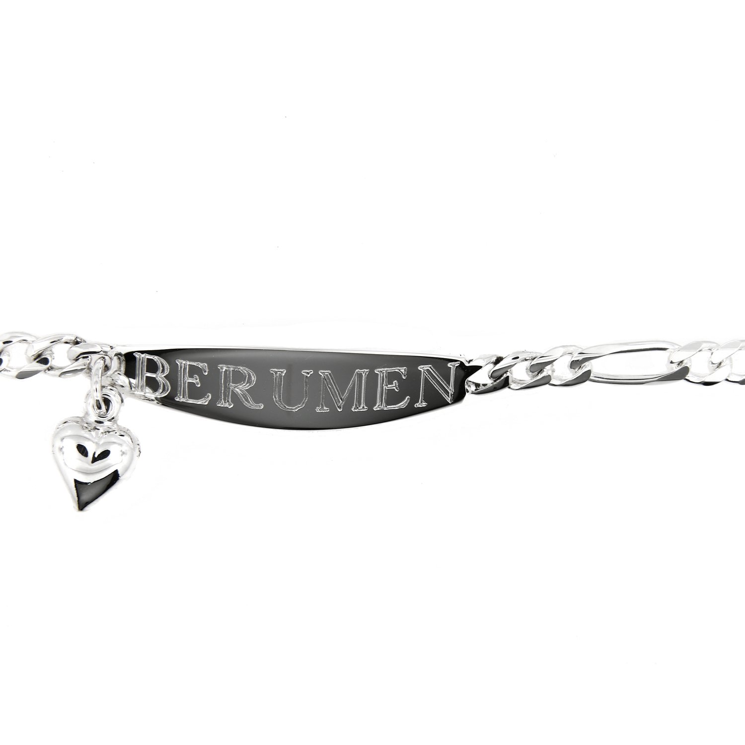 LGU Sterling Silver Polished Dangle Heart Id Identification Engravable Bracelet for Adult (8 Inches)