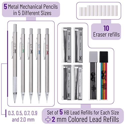 Mr. Pen- Metal Mechanical Pencil Set with Lead and Eraser Refills, 5 Sizes, 0.3, 0.5, 0.7, 0.9, 2mm, Drafting, Sketching, Architecture, Drawing Mechanical Pencils, Metal Mechanical Pencils