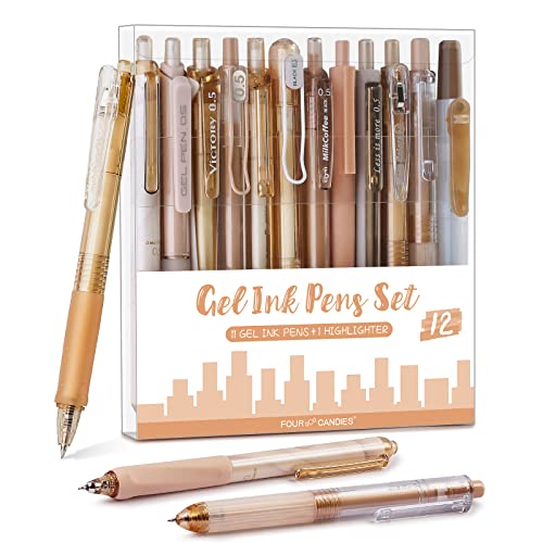 Four Candies 12Pack Pastel Gel Ink Pen Set, 11 Pack Black Ink Pens with 1Pack Highlighter for Writing, Retractable 0.5mm Fine Point Gel Pens, Cute Note Taking Pens for School Office (Brown)