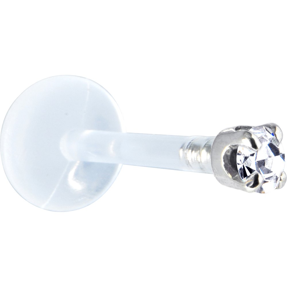 Body Candy Solid 14k White Gold 1.5mm (0.015 cttw) Genuine Diamond Bioplast Push in Labret Monroe 14 Gauge 3/8"
