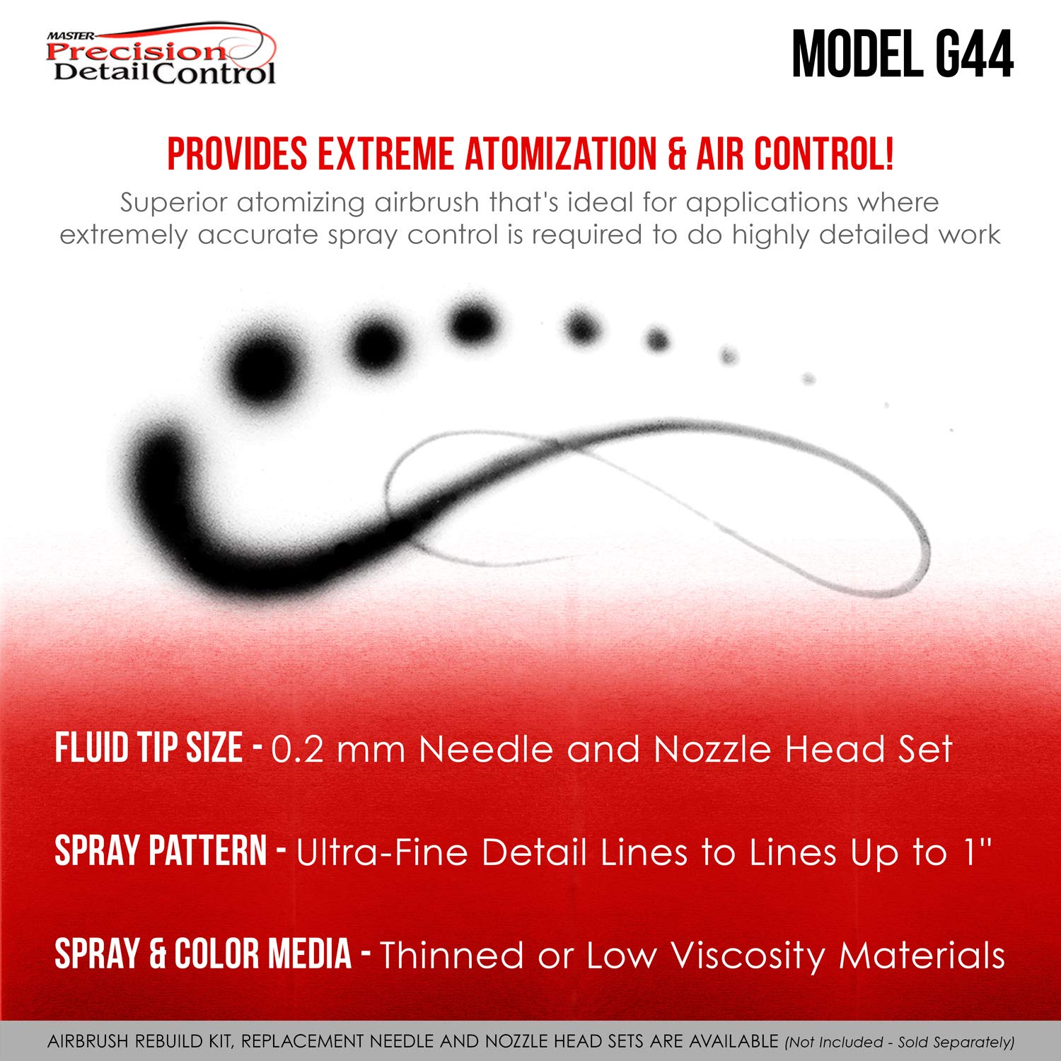 Master High Precision Detail Control G44 Dual-Action Gravity Feed Airbrush, 0.2 mm Tip, 1/3 oz Funnel Fluid Cup, Air Control Valve