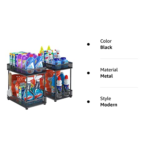 Under Sink Organizers and Storage, Bathroom Cabinet Organizer and Storage, 2 Tier Under Cabinet Organizers and Storage with 4 Hooks, Metal Kitchen Sink Storage Organizer with Non-slip Feet-2 Pack