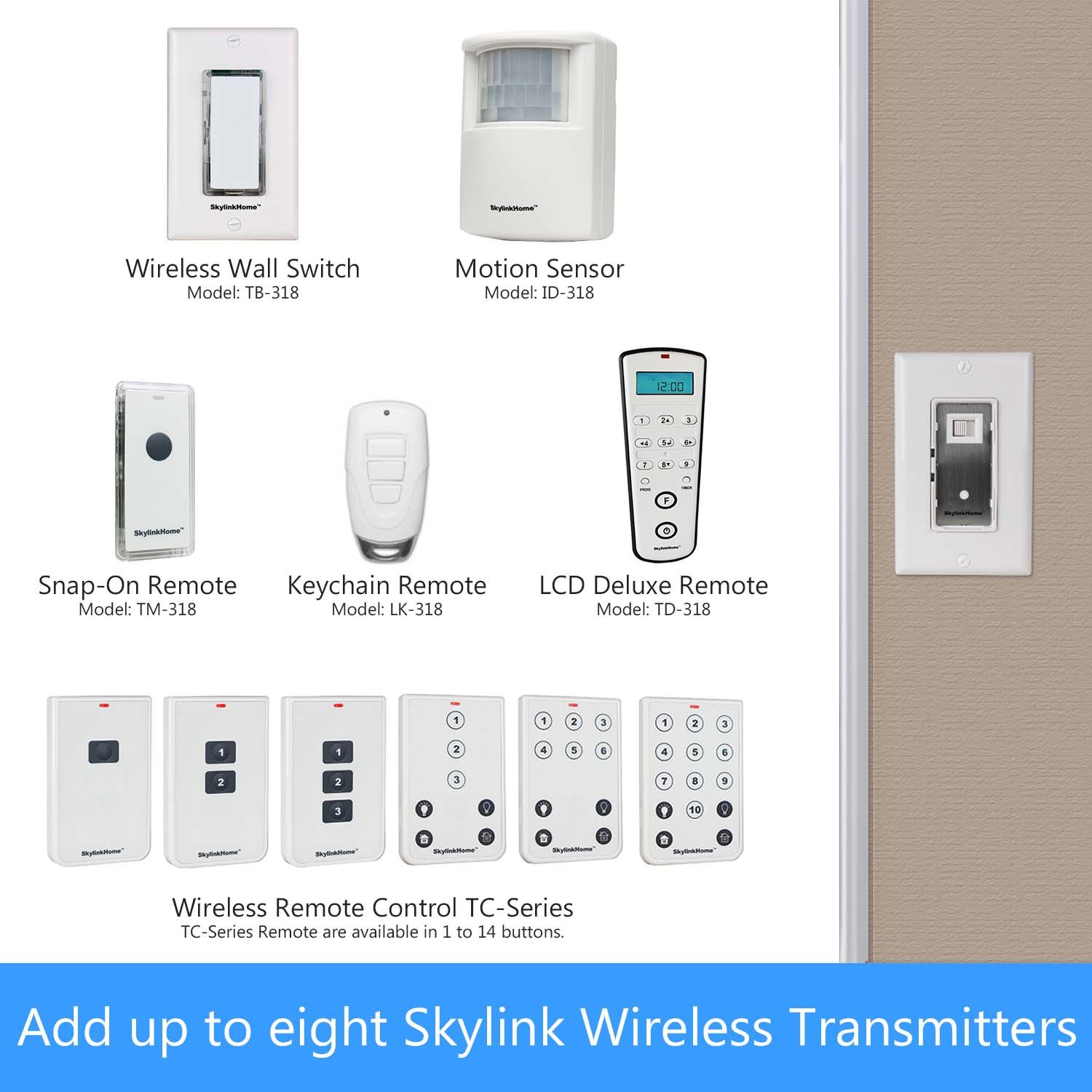 SK-7 Wireless DIY Easy to intall 3-Way Dimmable On Off Anywhere Lighting Home Control Dimmer Wall Switch Set, no neutral wire required.