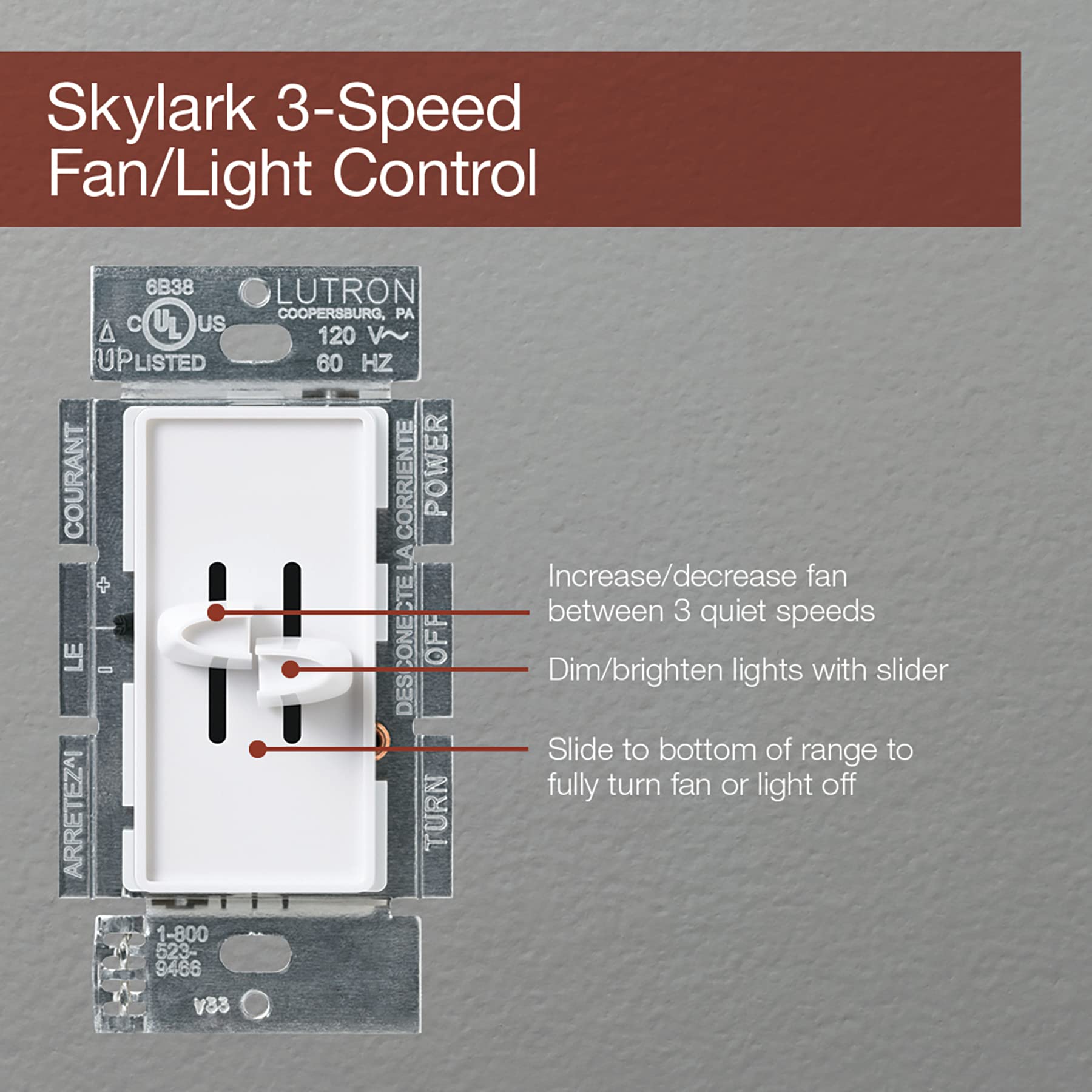 Lutron Skylark 3-Speed Combination Fan and Light Control, 1.5 Amp, Single-Pole, S2-LFSQ-LA, Light Almond
