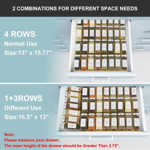 KitHero Spice Drawer Organizer with 24 Spice Jars and 216 Labels,Non-slip Rubber, Bamboo 4 Tier Spice Racks Tray Seasoning Containers for Kitchen Drawers,Cabinets,Countertops,13" Wide * 15.8" Deep