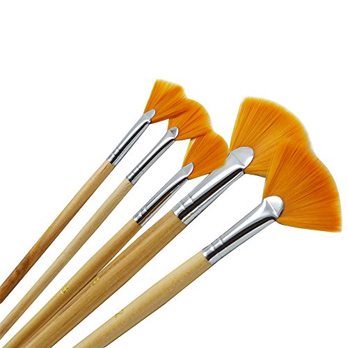 JOWOART 5Pcs/Set,Fan-Shaped Nylon Hair Short Wood Rod Brush Painting Drawing Supplies