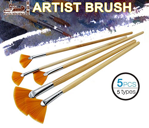 JOWOART 5Pcs/Set,Fan-Shaped Nylon Hair Short Wood Rod Brush Painting Drawing Supplies