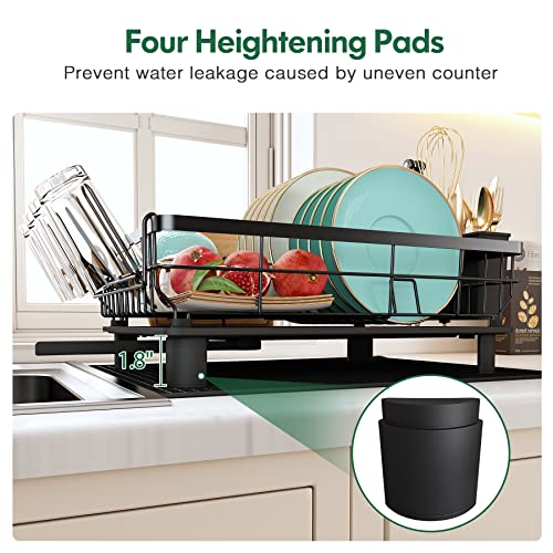 Qienrrae Dish Drying Rack with Drainboard Set, Stainless Steel Dish Drainers for Kitchen Counter, Dish Strainer with Utensil Holder, 360° Swivel Spout and Extra Dryer Mat, Black