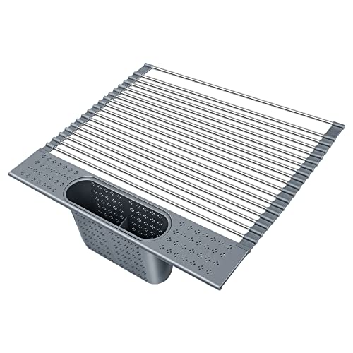 Roll Up Dish Drying Rack, Over the Sink Dish Drying Rack for Kitchen Counter Sink, Stainless Steel Sink Drying Rack with Utensil Holder, Multipurpose Foldable Kitchen Sink Rack Mat -Grey(17.3" x15.3")