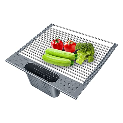 Roll Up Dish Drying Rack, Over the Sink Dish Drying Rack for Kitchen Counter Sink, Stainless Steel Sink Drying Rack with Utensil Holder, Multipurpose Foldable Kitchen Sink Rack Mat -Grey(17.3" x15.3")