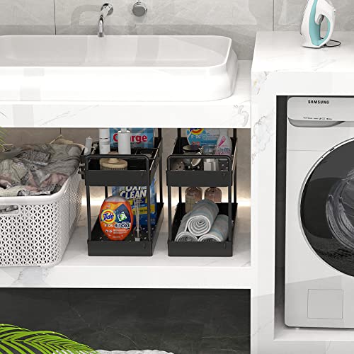 Ronlap 2 Pack Under Sink Organizers and Storage, 2 Tier Bathroom Organizer Under Sink with Handle Hanging Cup Hooks Dividers, Kitchen Organization and Storage Under Sink Cabinet Counter Shelf, Black