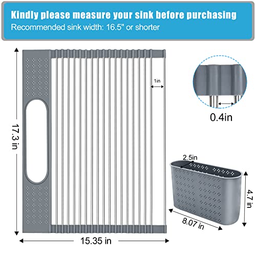 Roll Up Dish Drying Rack, Over the Sink Dish Drying Rack for Kitchen Counter Sink, Stainless Steel Sink Drying Rack with Utensil Holder, Multipurpose Foldable Kitchen Sink Rack Mat -Grey(17.3" x15.3")