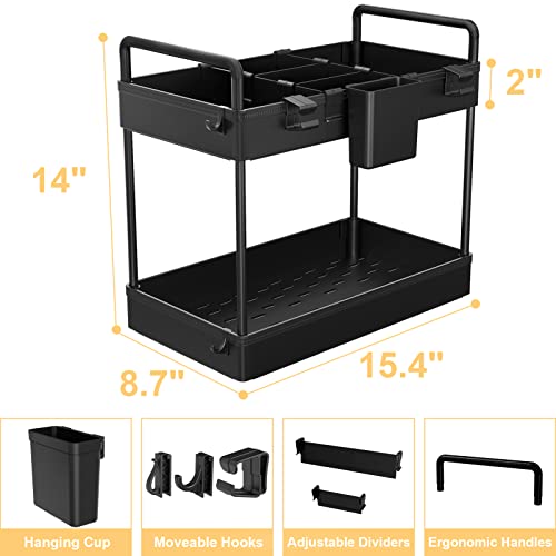 Ronlap 2 Pack Under Sink Organizers and Storage, 2 Tier Bathroom Organizer Under Sink with Handle Hanging Cup Hooks Dividers, Kitchen Organization and Storage Under Sink Cabinet Counter Shelf, Black