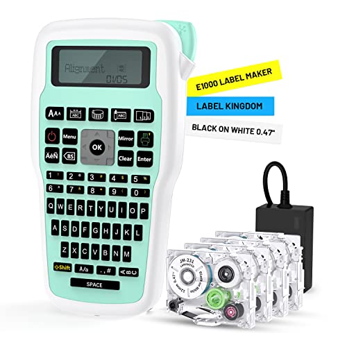 Label KINGDOM Handheld Label Maker Machine with Tape,Portable Label Printer E1000 Labeler for Labeling with AC Adapter,Easy QWERTY Keyboard,for Home,School,Office,Industrial Organization Green