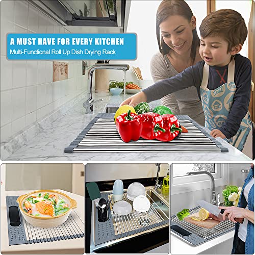 Roll Up Dish Drying Rack, Over the Sink Dish Drying Rack for Kitchen Counter Sink, Stainless Steel Sink Drying Rack with Utensil Holder, Multipurpose Foldable Kitchen Sink Rack Mat -Grey(17.3" x15.3")