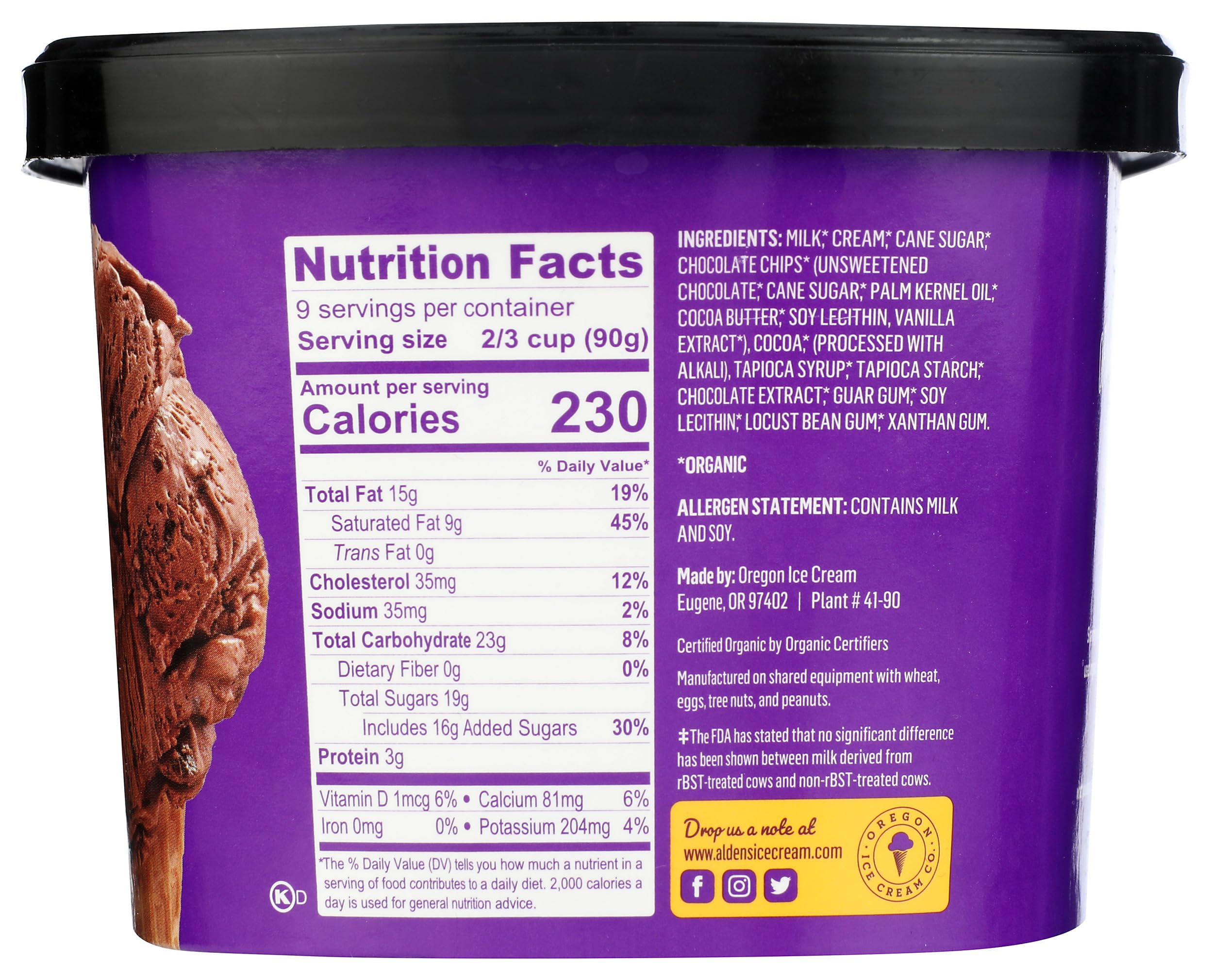 Alden's, Organic Chocolate Chocolate Chip Ice Cream, 48 oz (Frozen)