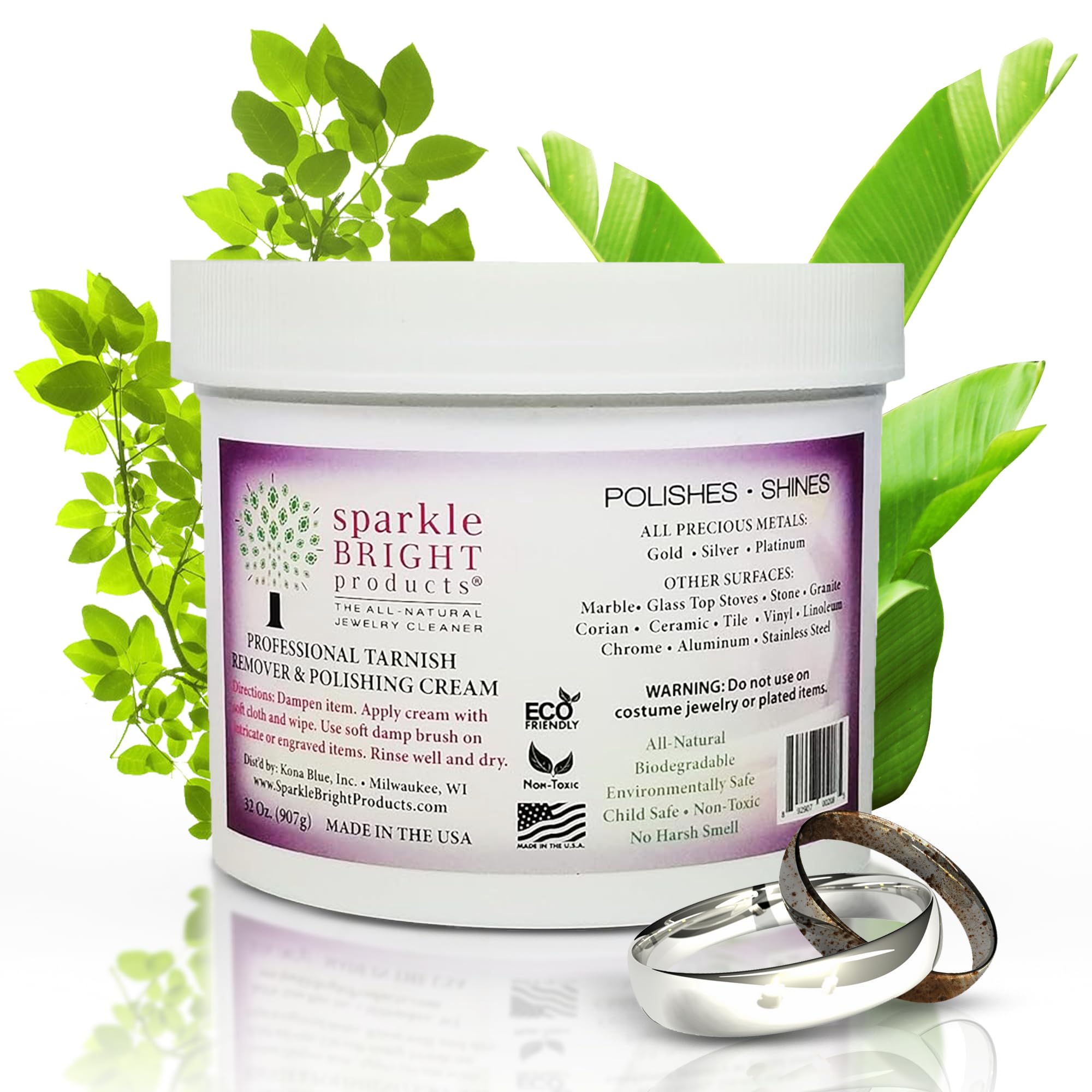 Sparkle Bright Products All-Natural Jewelry Cleaner | 32oz. Jar | Tarnish Remover & Polishing Cream | Gold, Silver, Platinum Metal Polish for Jewelry Cleaning