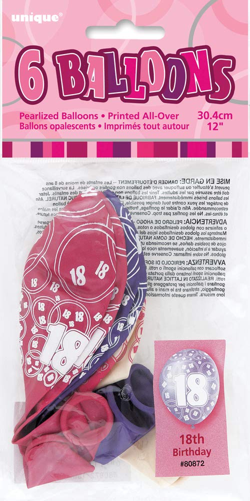 Unique Party 80872-12" Latex Glitz Pink 18th Birthday Balloons, Pack of 6