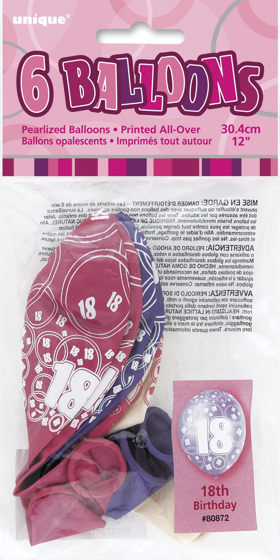 Unique Party 80872-12" Latex Glitz Pink 18th Birthday Balloons, Pack of 6
