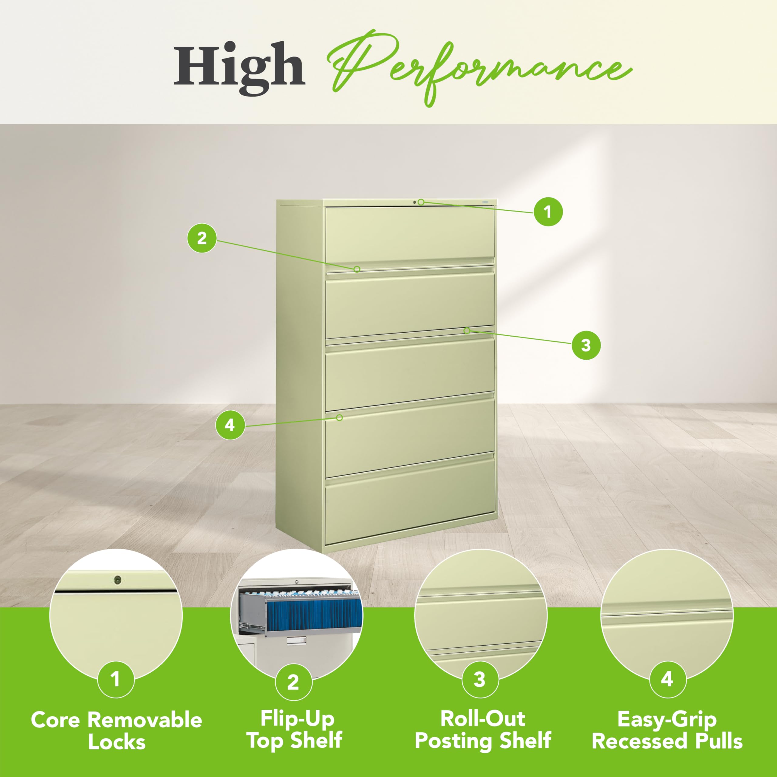 HON Brigade 5 Drawer Lock-800 Series Lateral Office Storage Locking Metal Cabinet 42" W x 18" D-Adjustable Hangrails for A4, legal, Letter Files-Putty