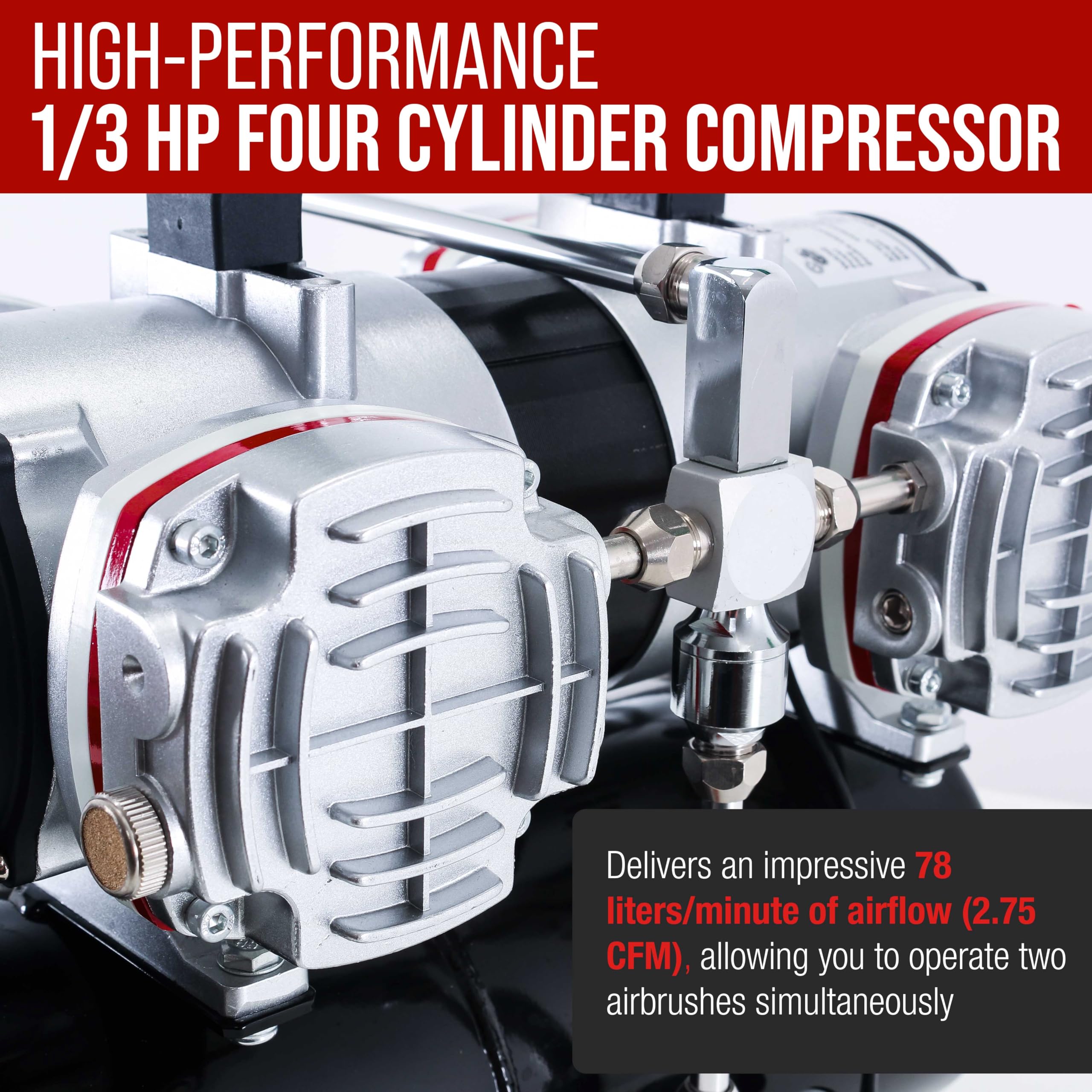 Master Airbrush TC-848 Air Compressor - 1/3 HP, 4-Cylinder, 4L Air Tank, 78L/Min Flow, Multi-Airbrush & Spray Gun Support, Diaphragm Regulator, Portable Handle - Ideal for Artists & All Skill Levels!