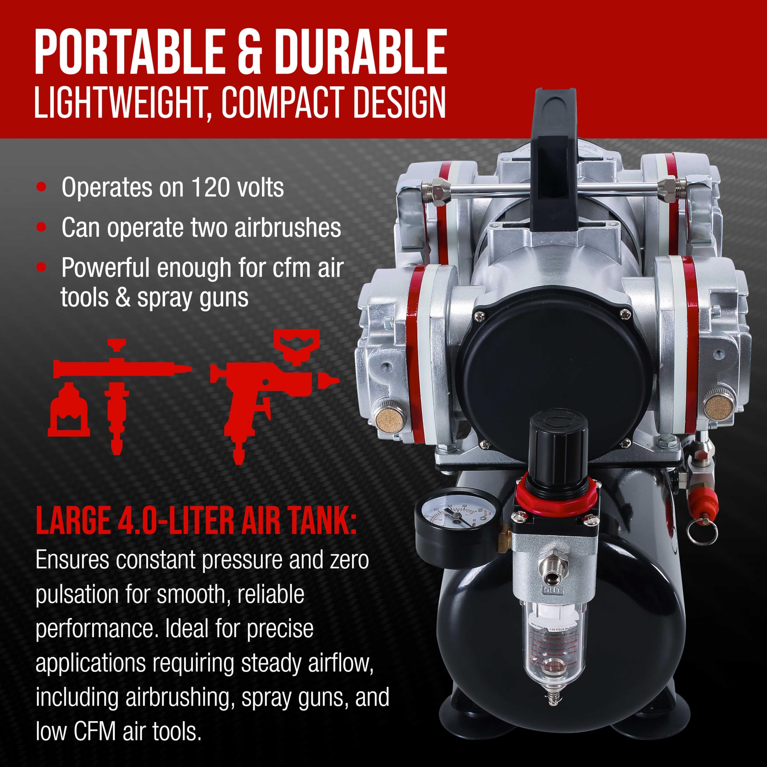 Master Airbrush TC-848 Air Compressor - 1/3 HP, 4-Cylinder, 4L Air Tank, 78L/Min Flow, Multi-Airbrush & Spray Gun Support, Diaphragm Regulator, Portable Handle - Ideal for Artists & All Skill Levels!