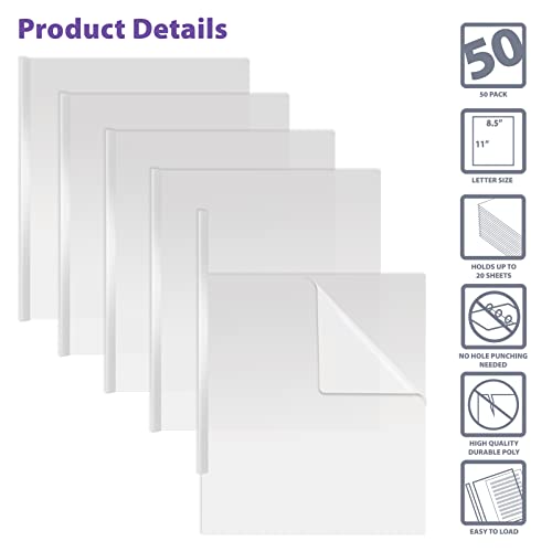 Sliding Bar Clear Report Covers, 50 Per Box, White Slider Bars, Durable 5 mil Poly Thickness, Letter Size, by Better Office Products, Transparent Report Covers with White Slider Bars, Box of 50