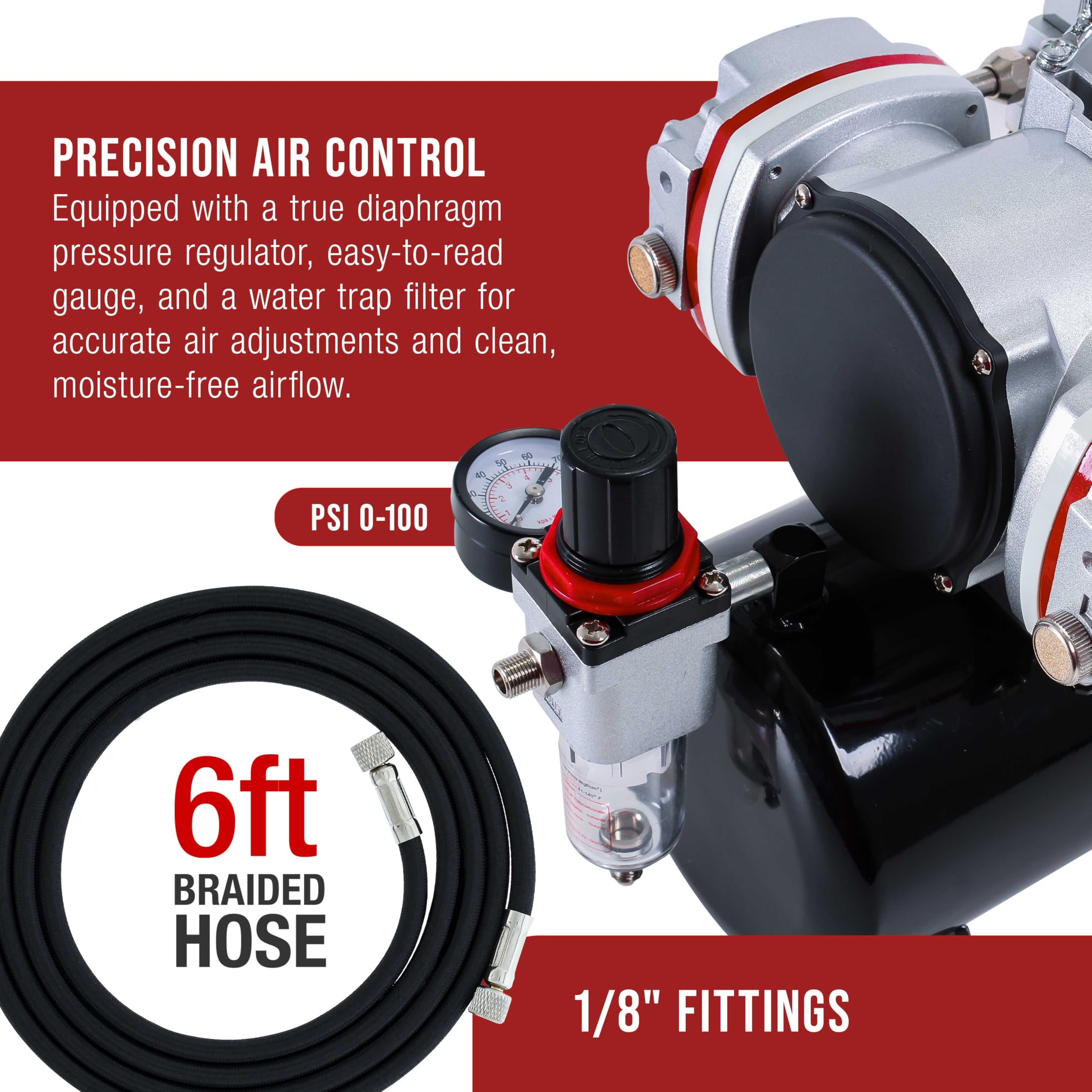 Master Airbrush TC-848 Air Compressor - 1/3 HP, 4-Cylinder, 4L Air Tank, 78L/Min Flow, Multi-Airbrush & Spray Gun Support, Diaphragm Regulator, Portable Handle - Ideal for Artists & All Skill Levels!
