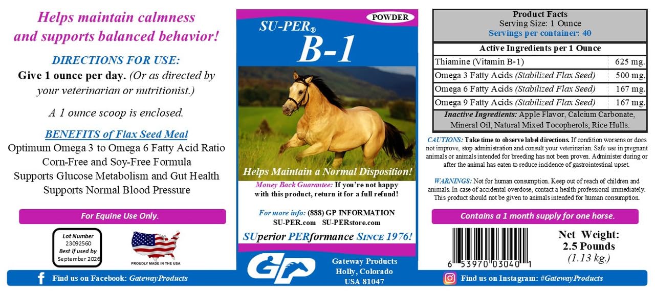 SU-PER B-1 Horse Calming Supplement - Equine Vitamin B-1 Support Horse Calmer Powder - Appetite Booster Supplement for Horses - 2.5 Pounds, (2 Pack)
